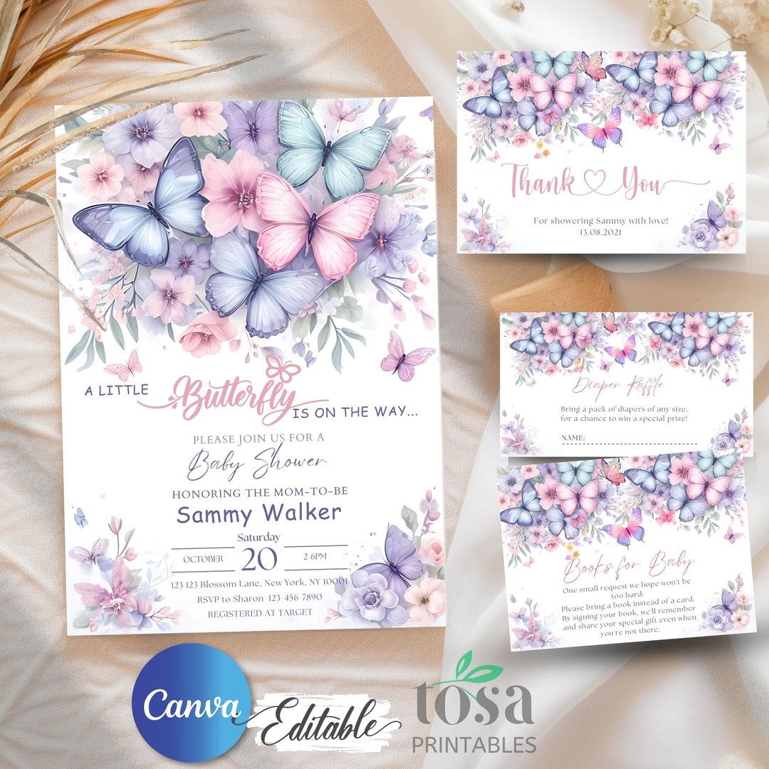 Butterfly Baby Shower Invitation Set: Editable Canva Template (digital ...