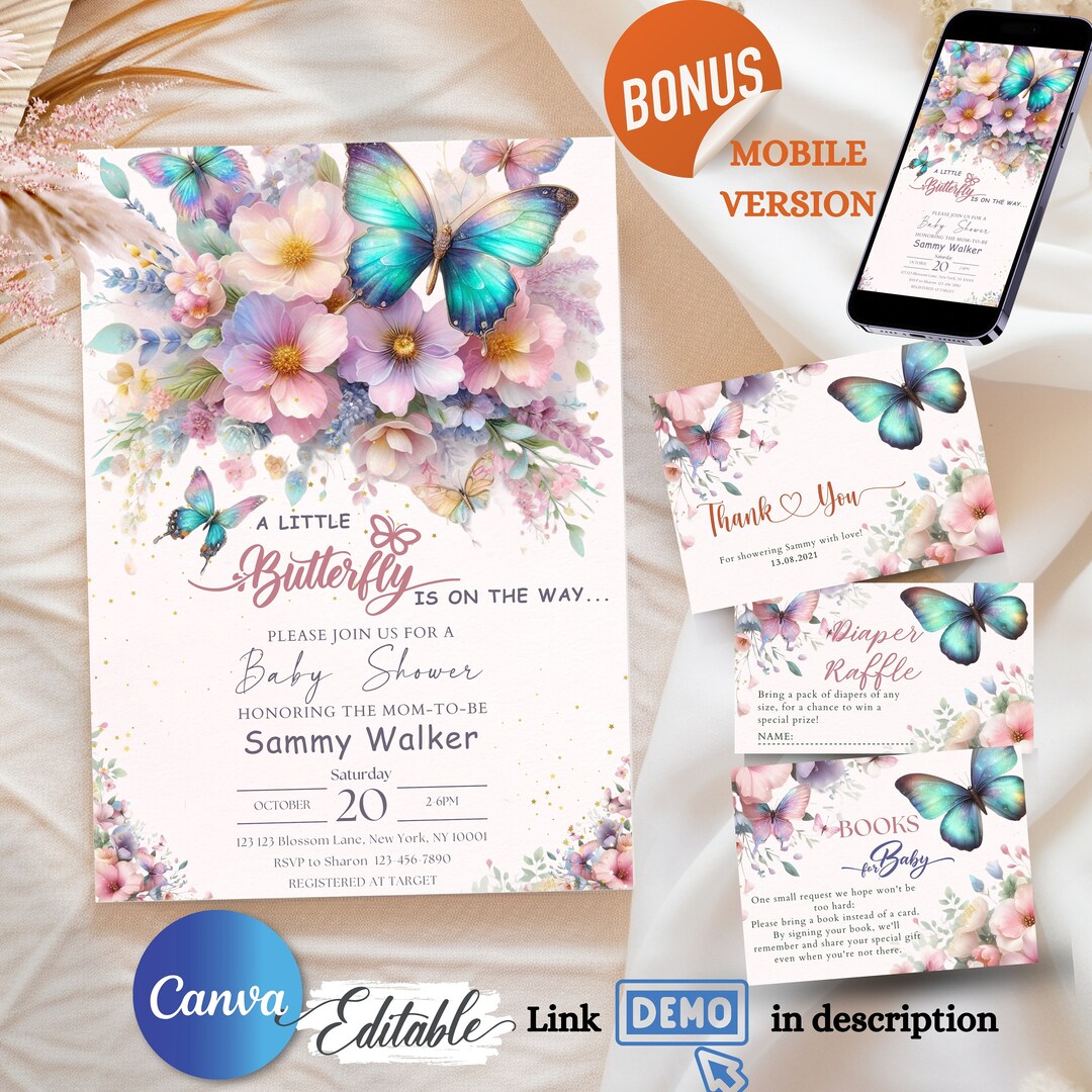 Butterfly Baby Shower Invitation Set: Editable Canva Template (digital ...