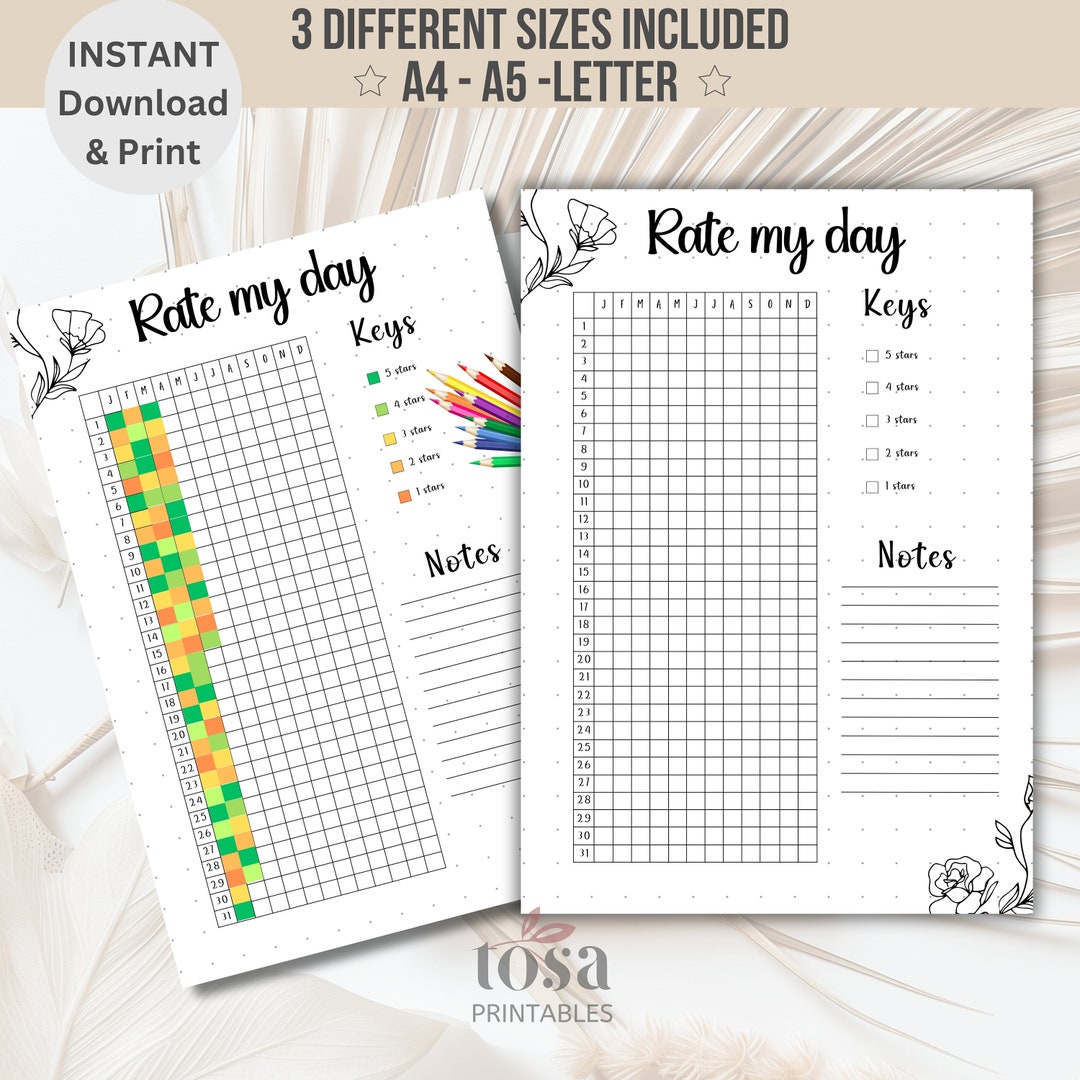 Rate My Day Printable Journal Pages: A4, A5, US Letter Sizes Daily Mood ...