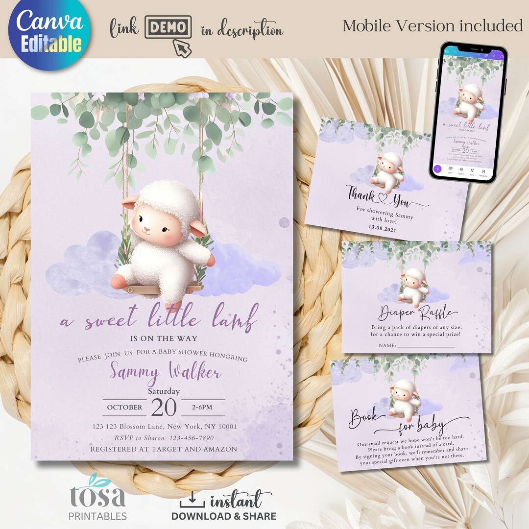 EDITABLE Lilac Purple Lamb Baby Shower Invitation Template INSTANT ...