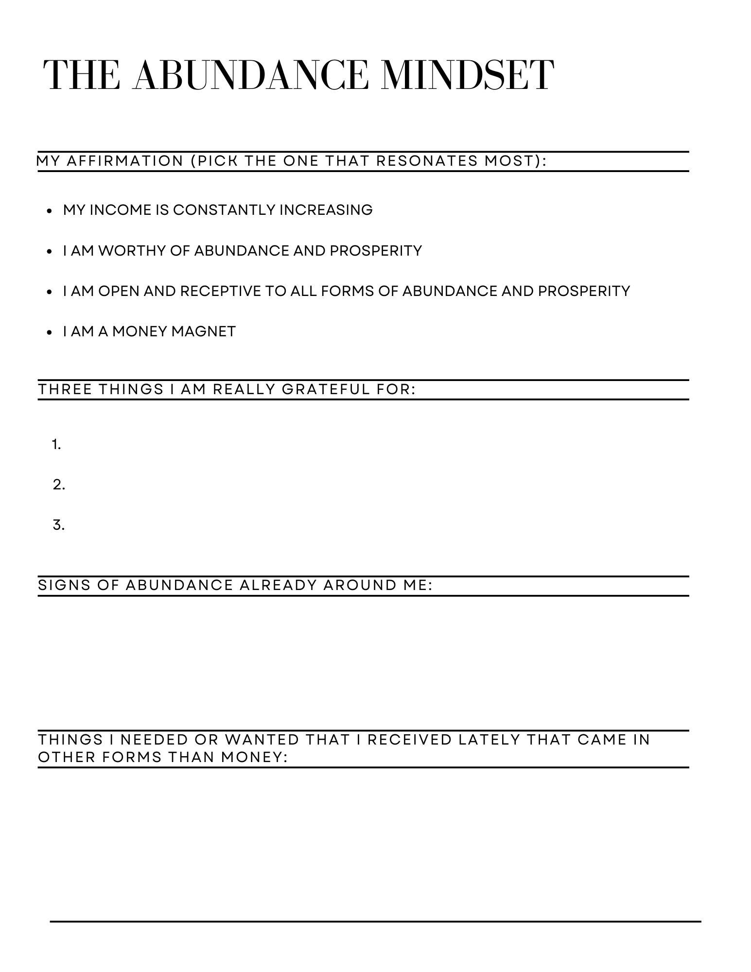The Abundance Mindset Worksheet | Creating Abundance and Prosperity ...