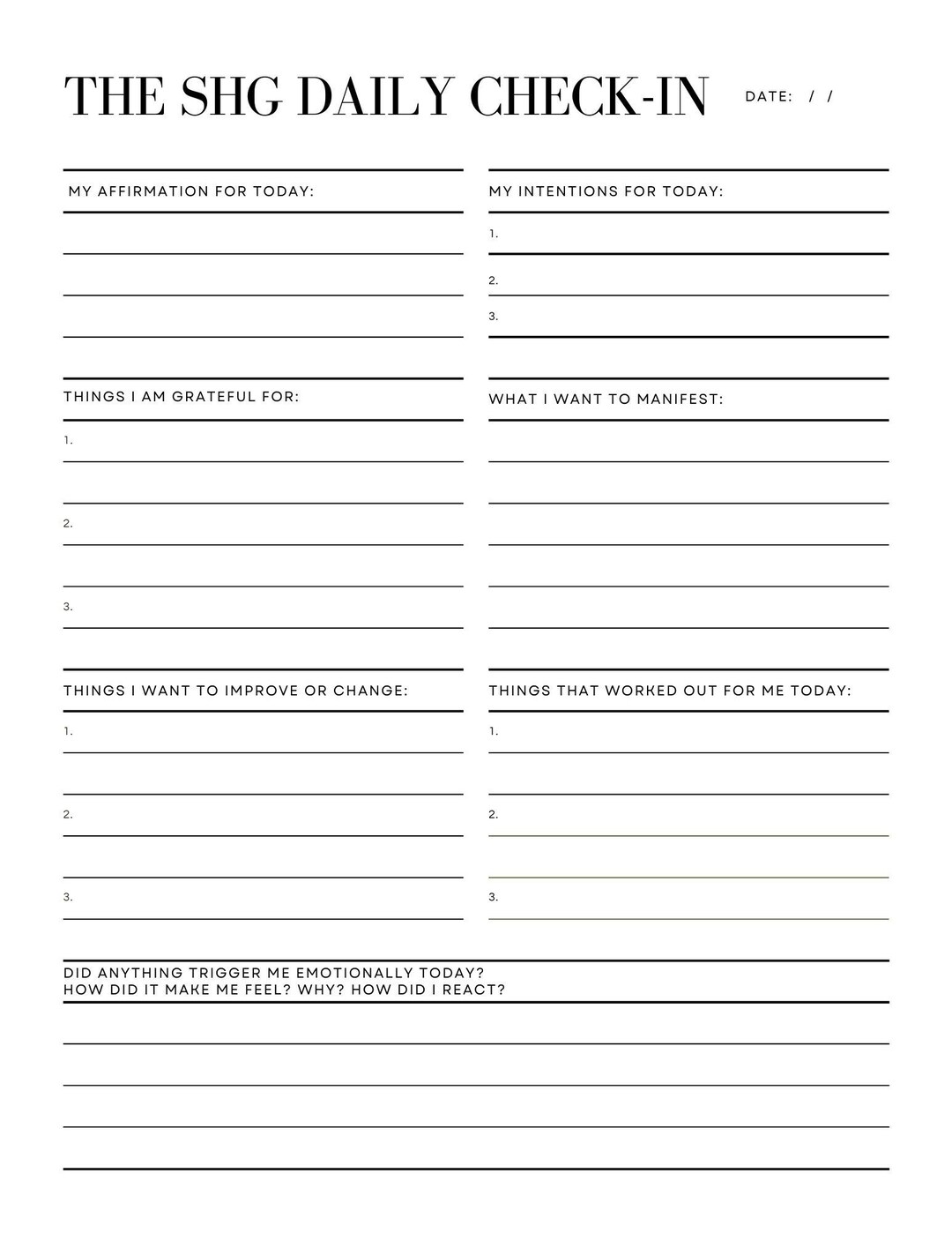Daily Check-in Worksheet for Self-healing, Positive Mindset ...