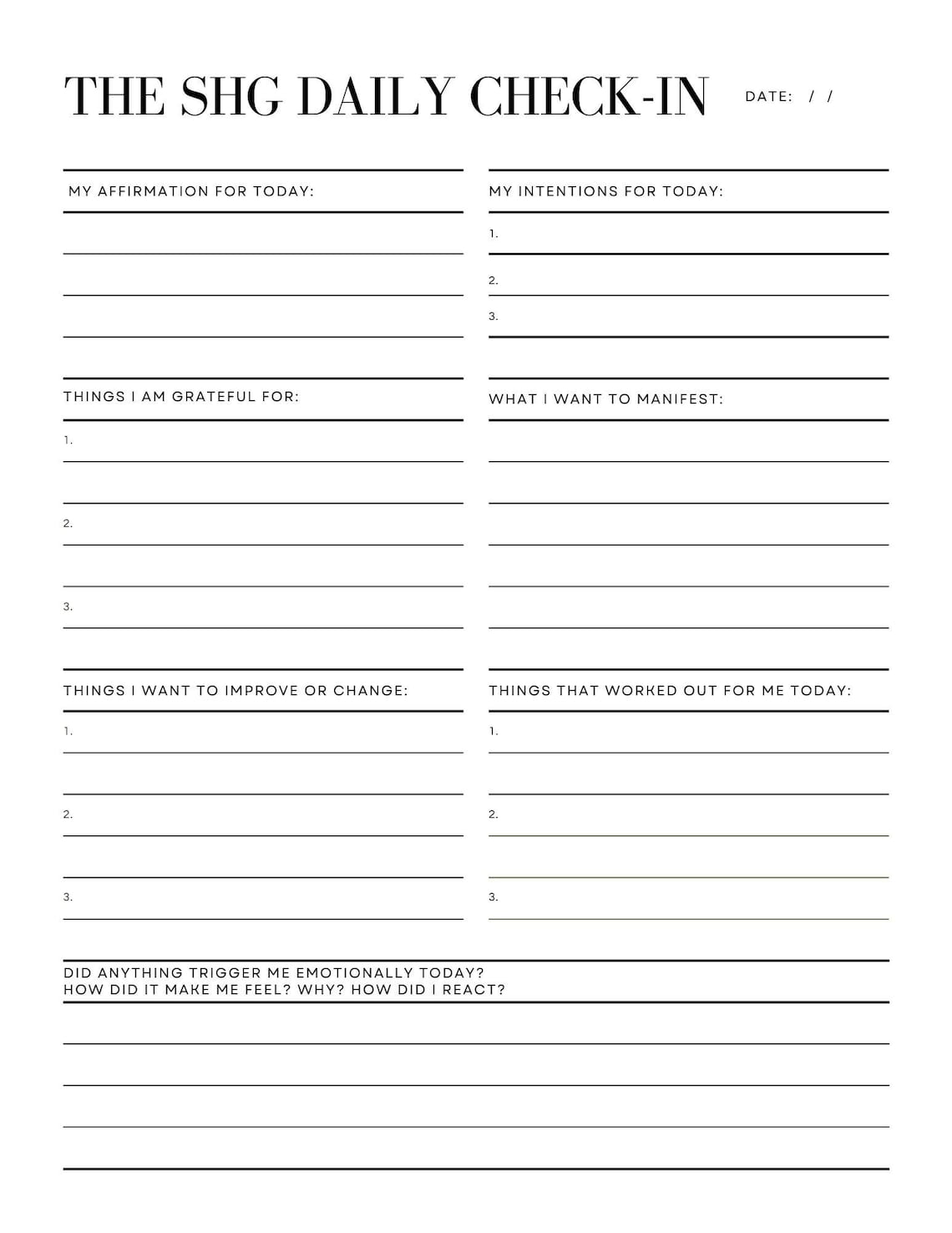 Daily Check-in Worksheet for Self-healing, Positive Mindset ...