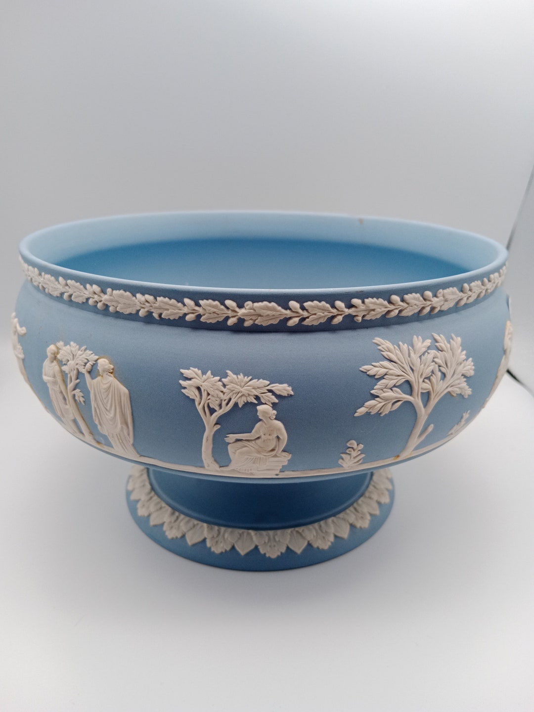 Vintage Blue Wedgwood Jasperware Pedestal Bowl, 1970s Neo-classical Fruit Centerpiece, Perfect ...