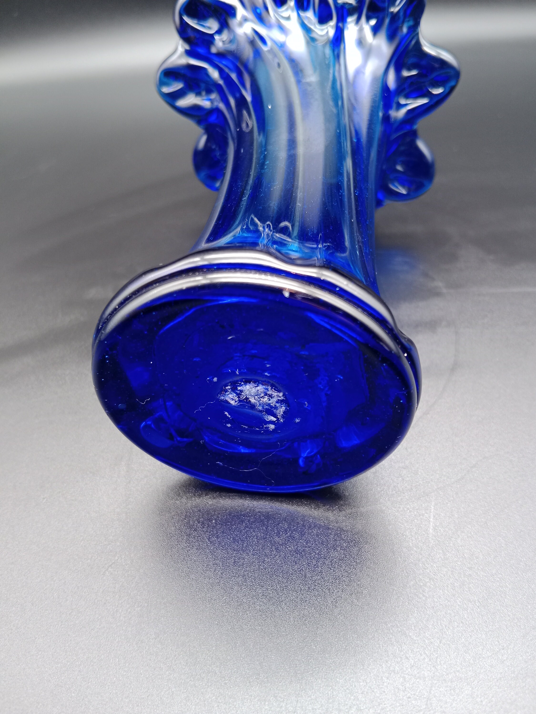 Vintage Blue Splash Glass Vase Featuring Ruffle Top, Medium Height, 12 ...