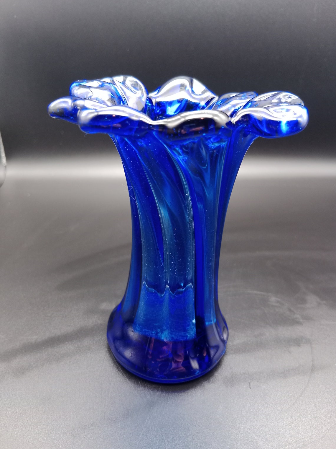 Vintage Blue Splash Glass Vase Featuring Ruffle Top, Medium Height, 12 ...