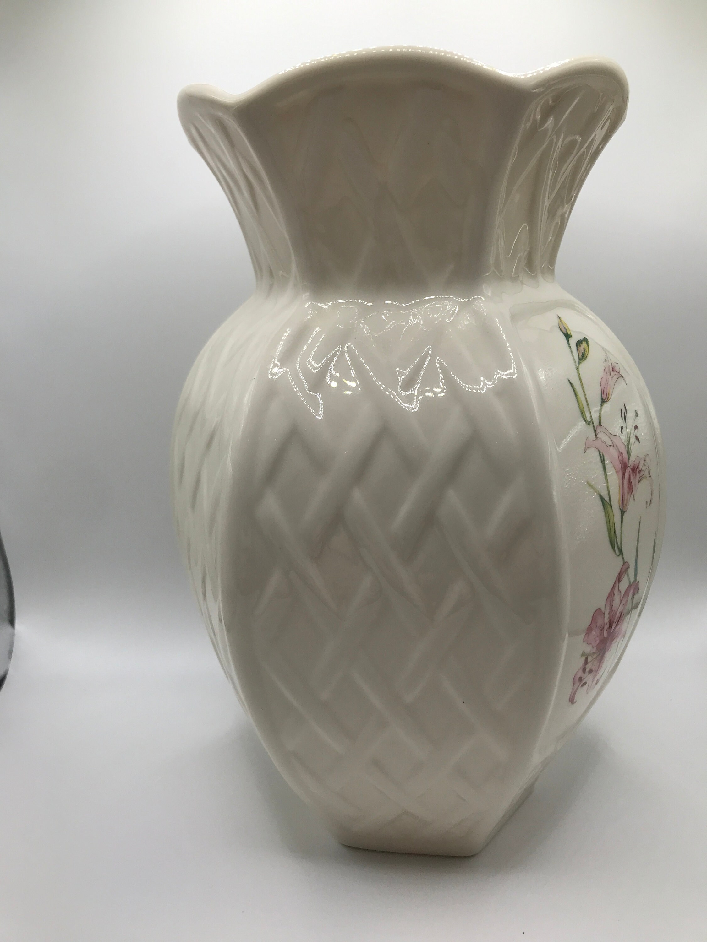 Irish Belleek 1980s Vase Country Trellis, Embossed, With Pink Lily ...