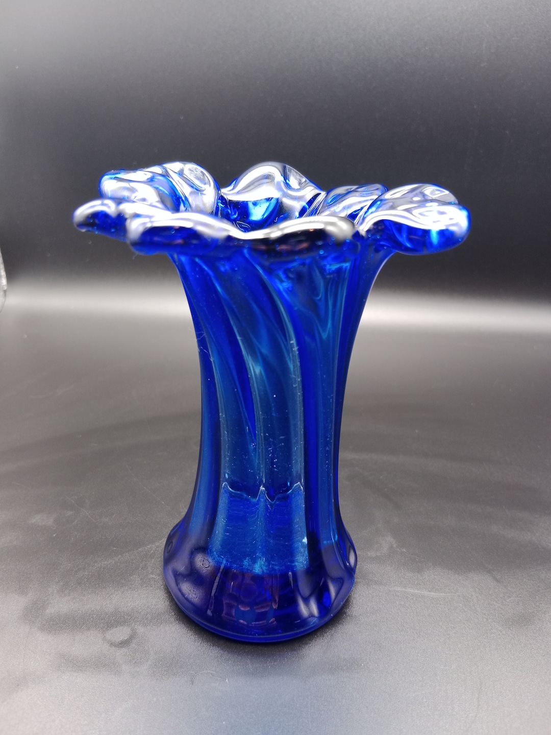 Vintage Blue Splash Glass Vase Featuring Ruffle Top, Medium Height, 12 ...
