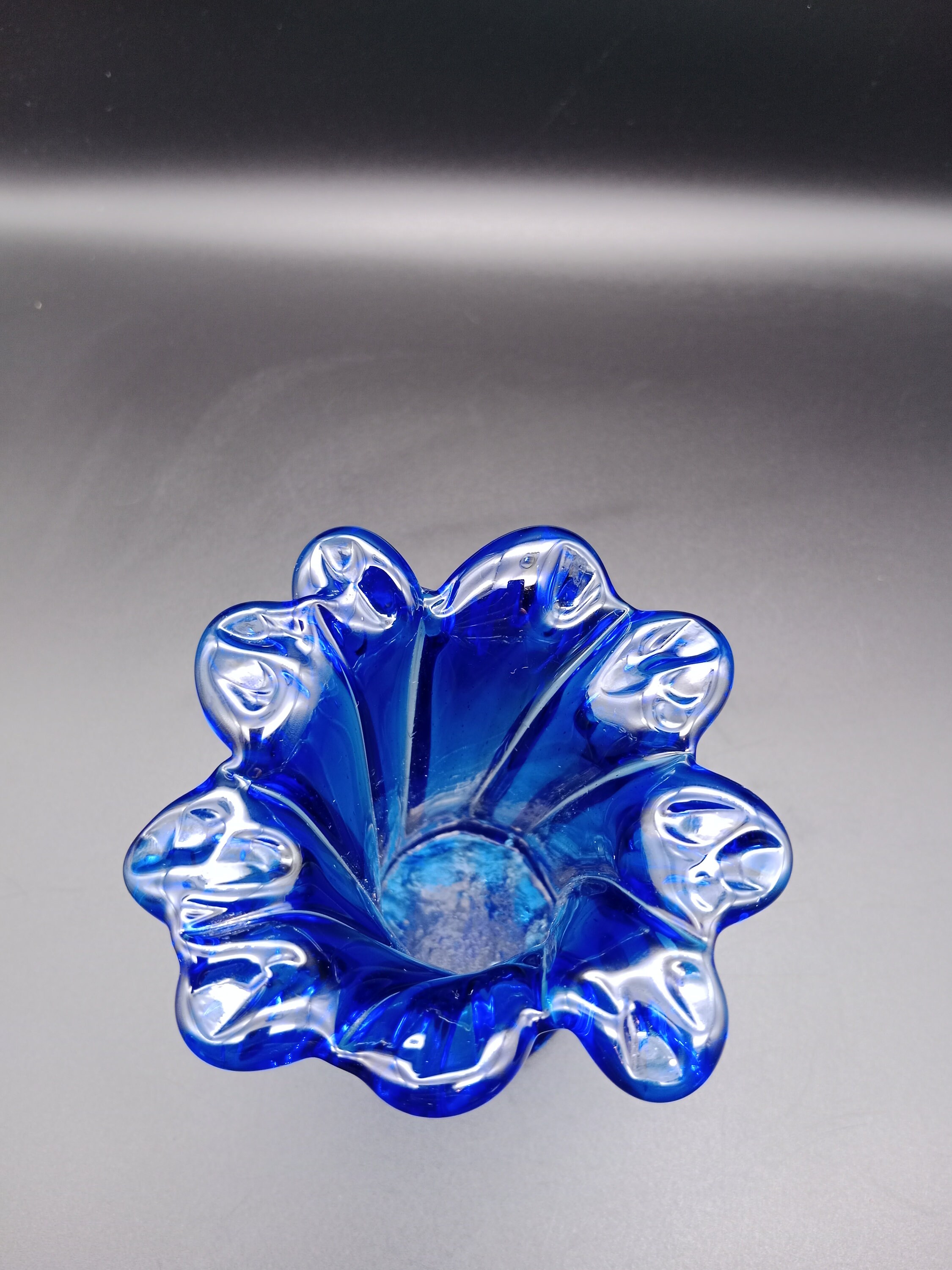Vintage Blue Splash Glass Vase Featuring Ruffle Top, Medium Height, 12 ...