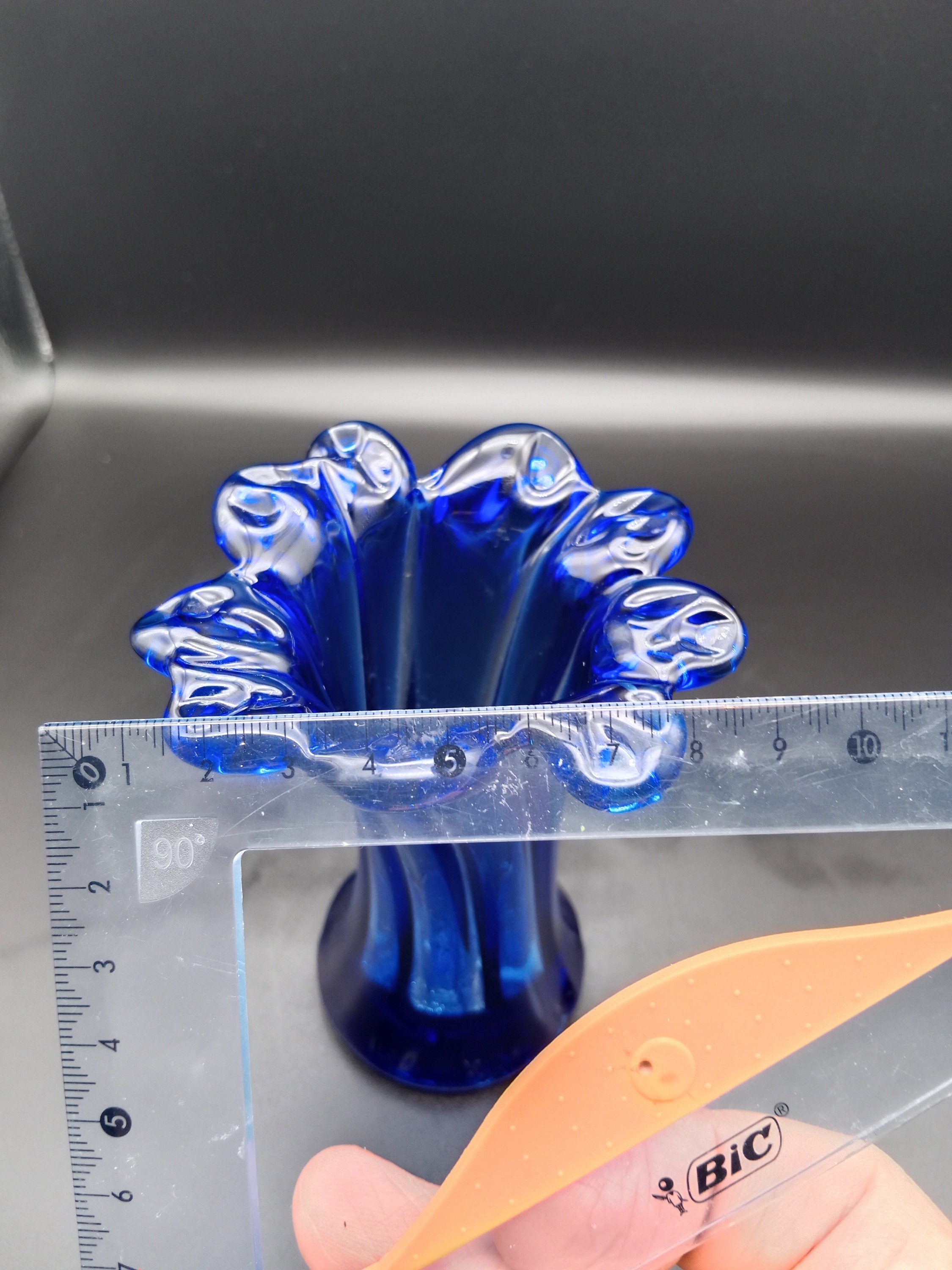 Vintage Blue Splash Glass Vase Featuring Ruffle Top, Medium Height, 12 ...