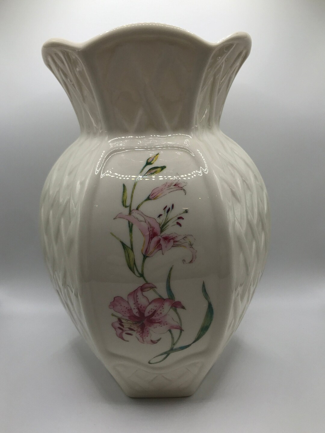 Irish Belleek 1980s Vase Country Trellis, Embossed, With Pink Lily ...