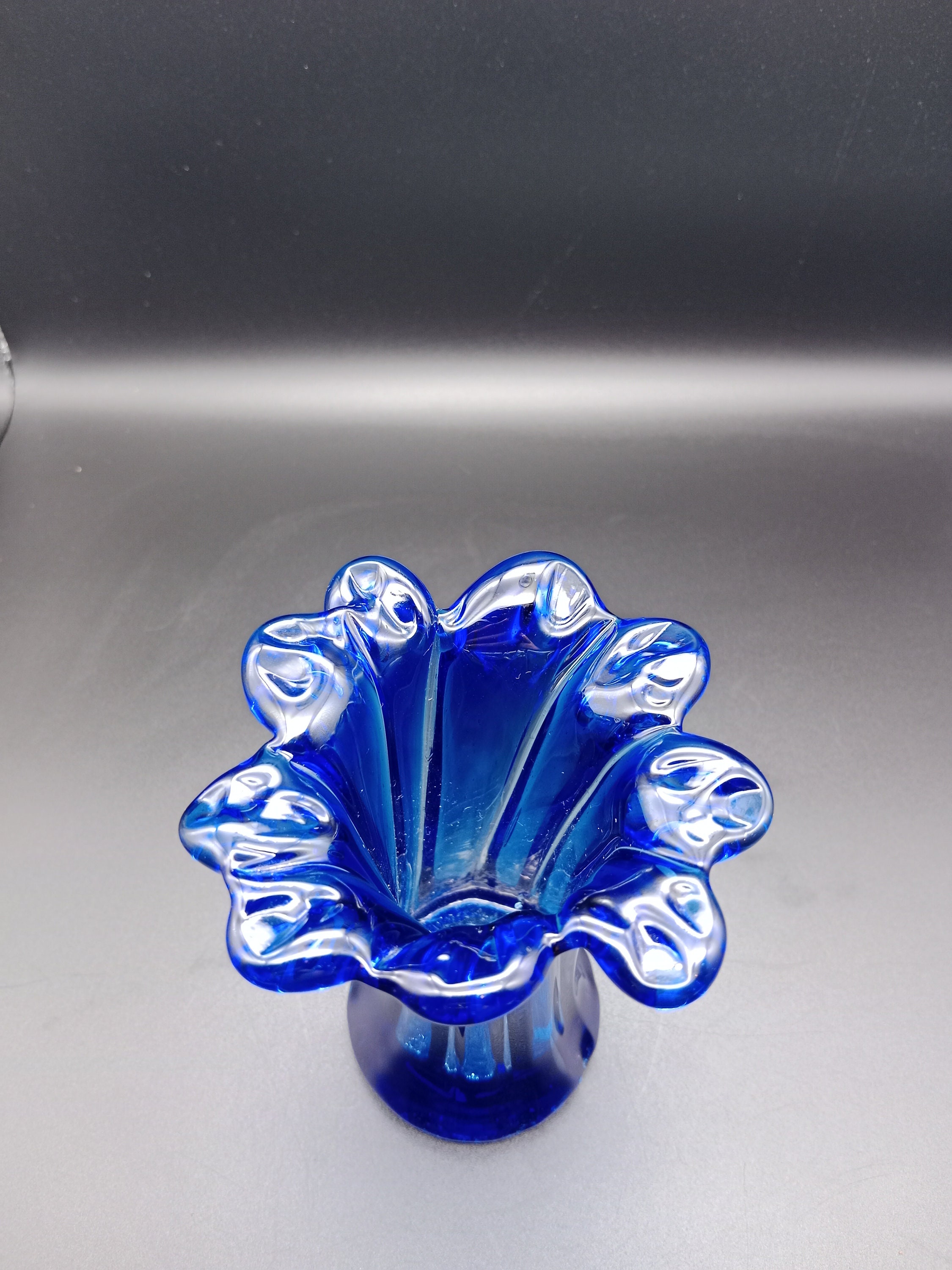 Vintage Blue Splash Glass Vase Featuring Ruffle Top, Medium Height, 12 ...