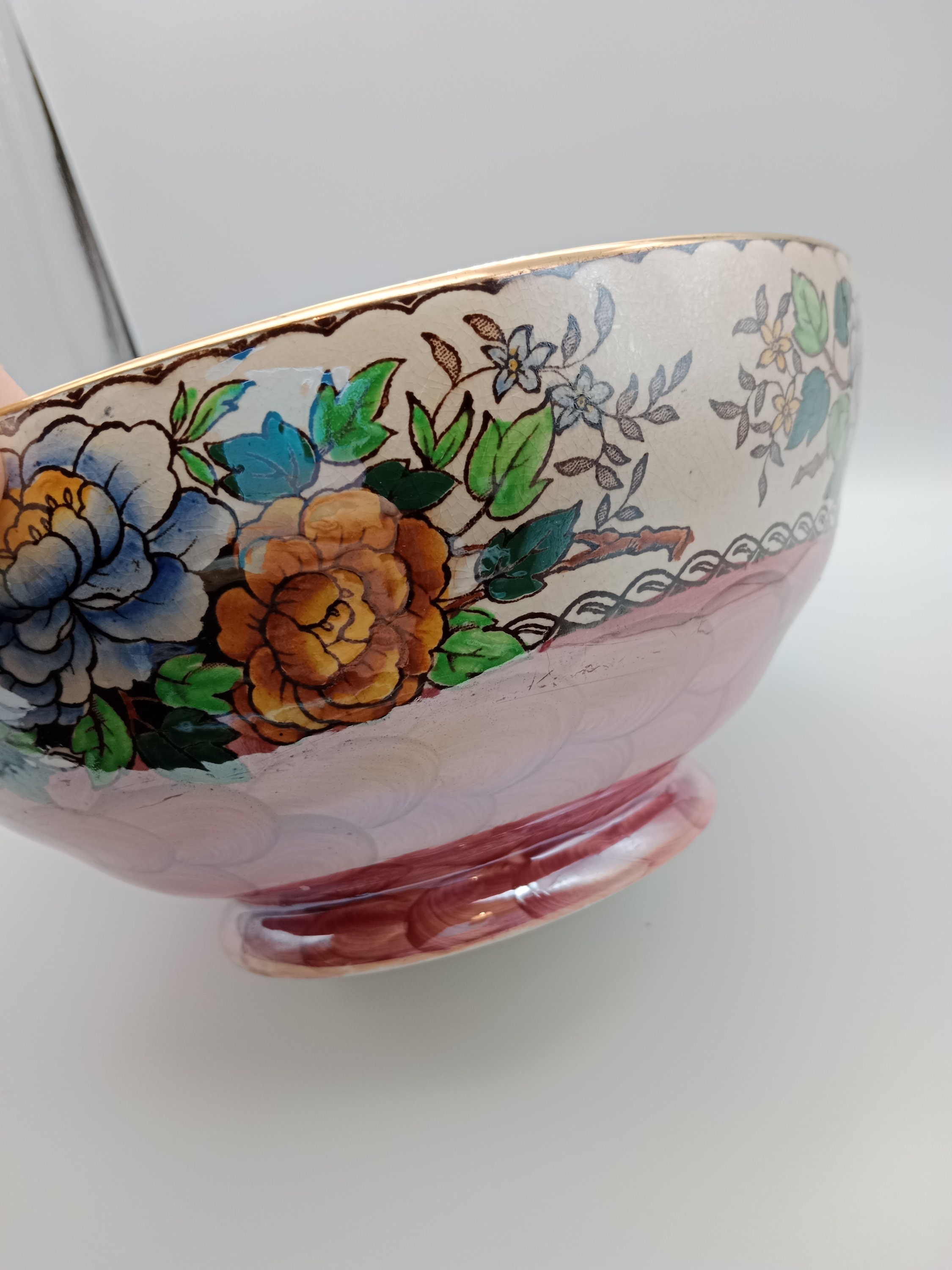 Maling English Large Bowl 8.6" Wide Pattern 6562 Peony Rose, Waved ...