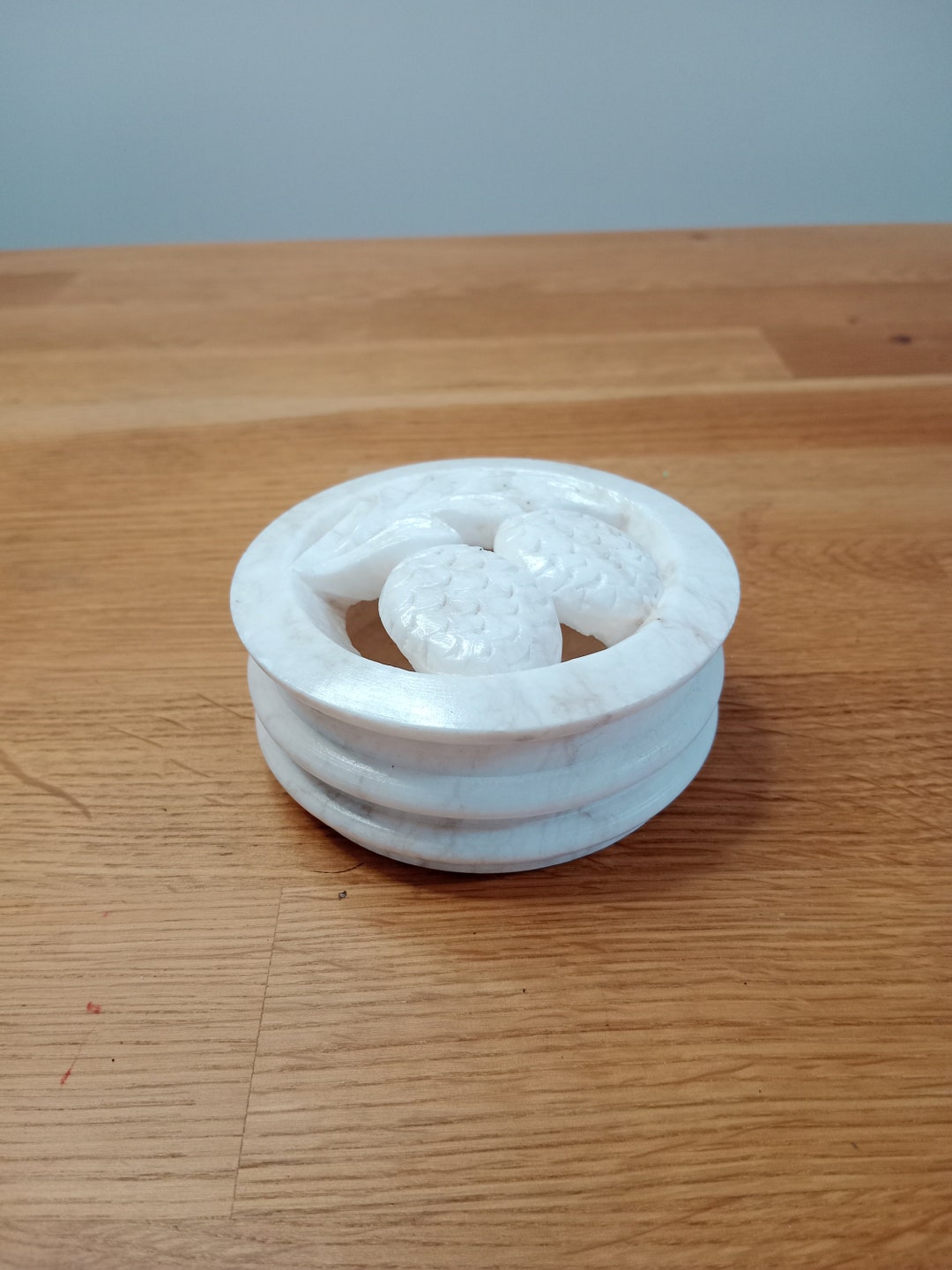 Round Polished Stone Carved Trinket Box, 1 1/2" High, 3 1/2" Wide, With ...