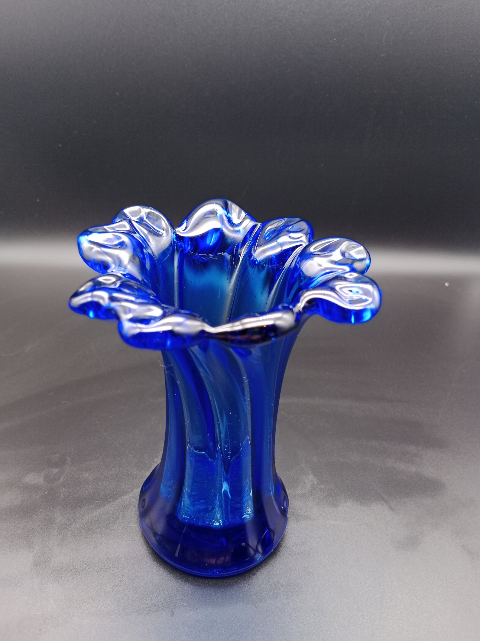 Vintage Blue Splash Glass Vase Featuring Ruffle Top, Medium Height, 12 ...