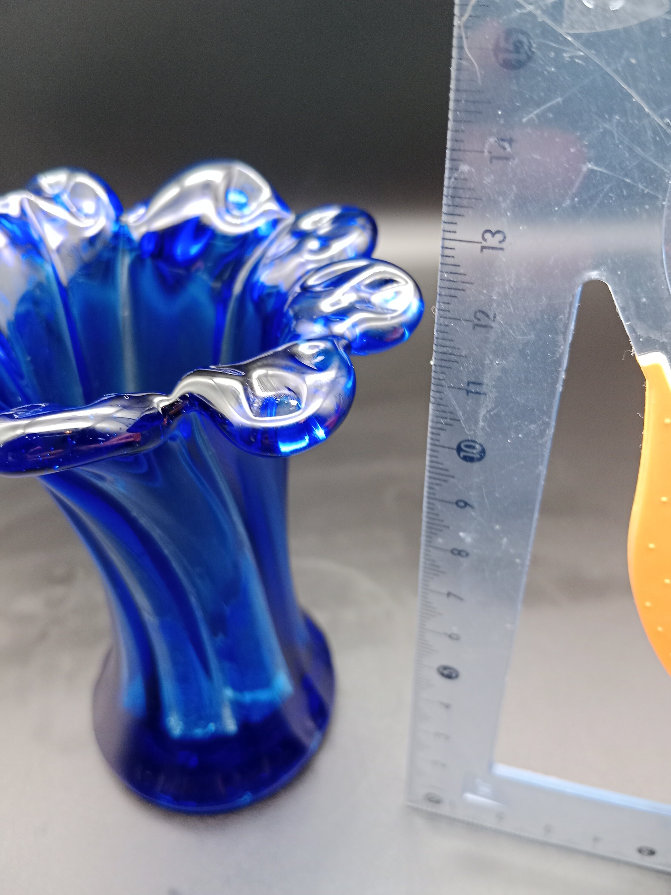 Vintage Blue Splash Glass Vase Featuring Ruffle Top, Medium Height, 12 ...