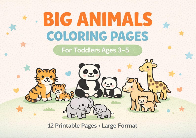 Set of 12 Large Animal Coloring Pages for Preschool Kids Printable PDF ...