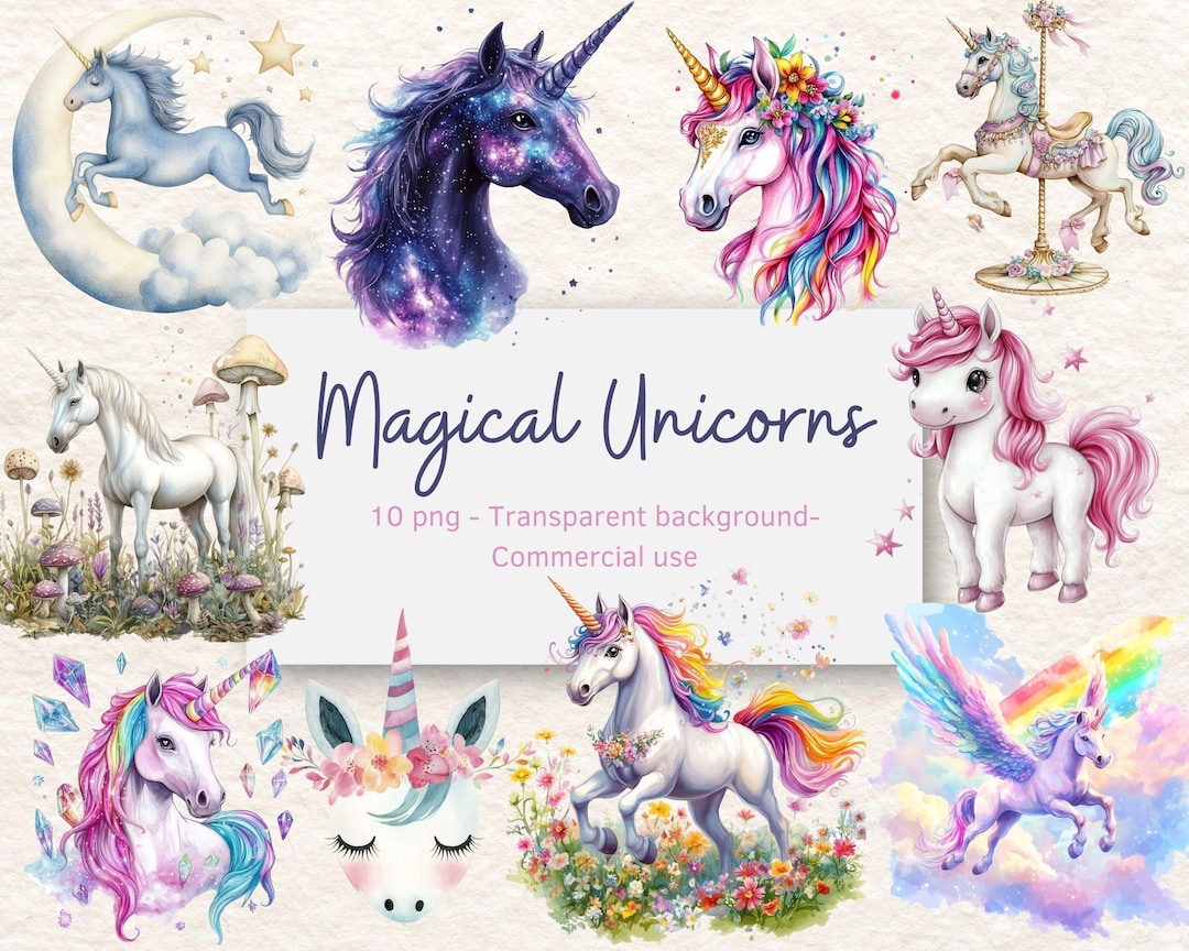 Magical Unicorns Watercolor Clipart Bundle | Rainbow Manes, Stars, and ...