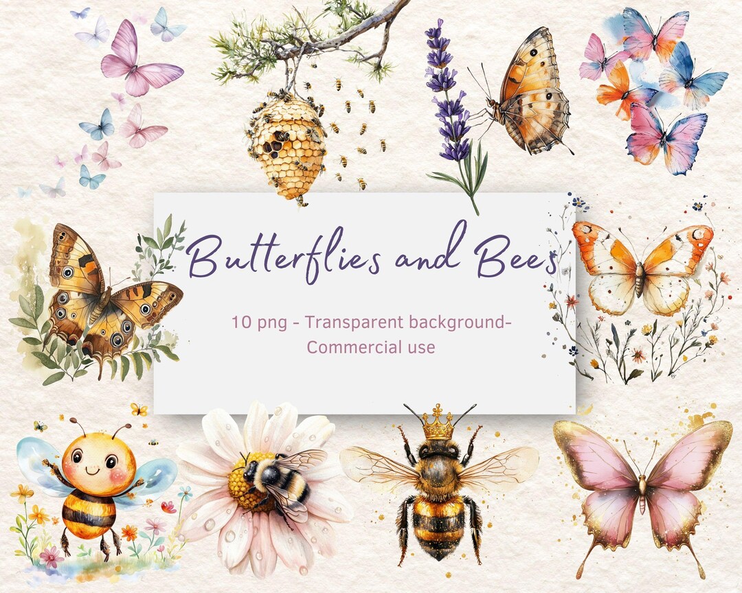 Butterflies and Bees Watercolor Clipart Bundle | Floral Garden ...