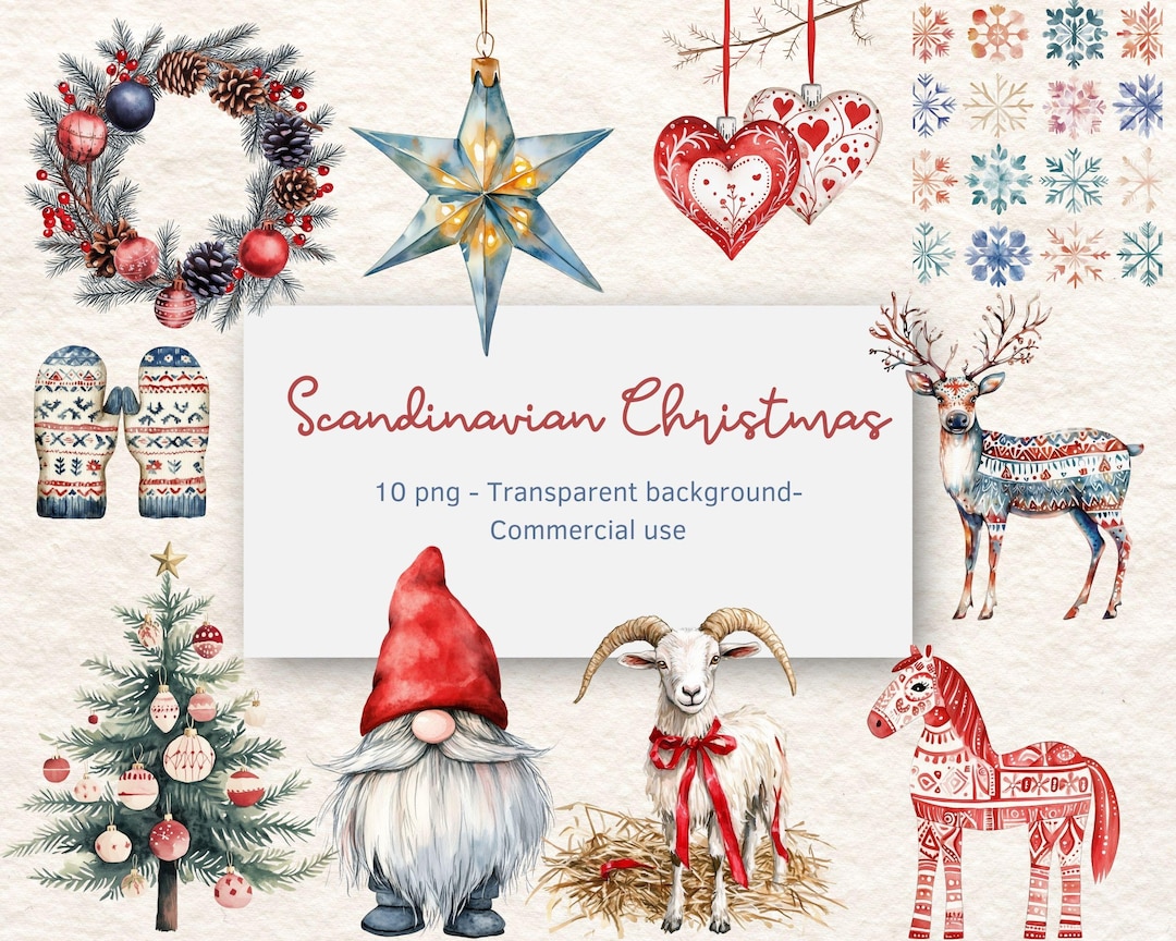Scandinavian Christmas Watercolor PNG Bundle | Dala Horse, Gnome ...
