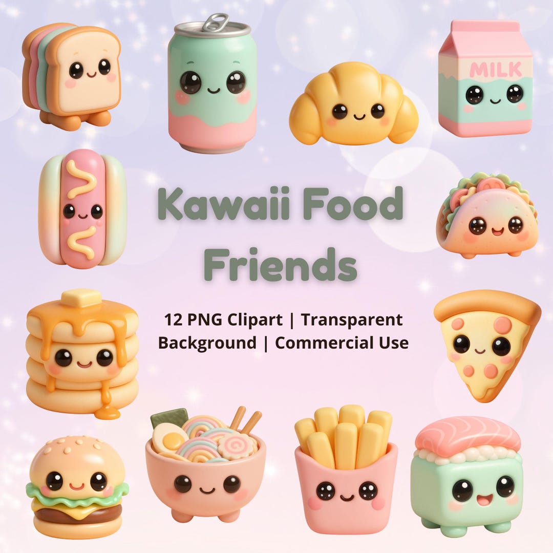 Kawaii Food Friends Clipart Bundle PNG, Cute Fast Food Sushi Pizza ...