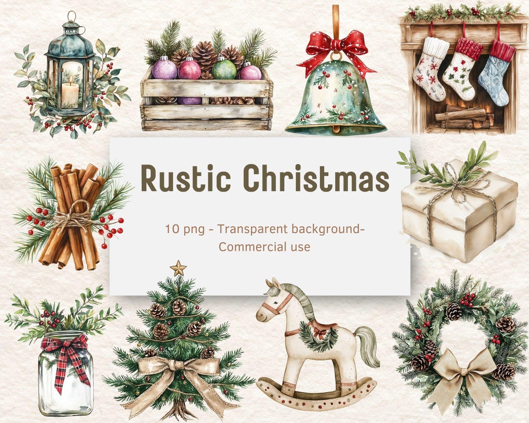 Rustic Christmas Watercolor Clipart Bundle | Cozy Farmhouse Decor ...