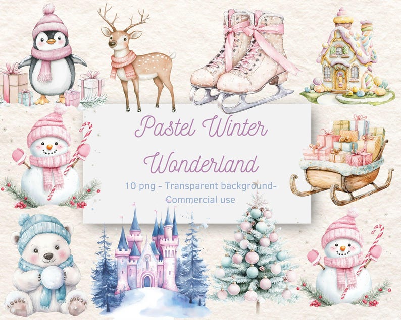 Pastel Winter Wonderland Watercolor Clipart Bundle Snowflakes, Trees ...