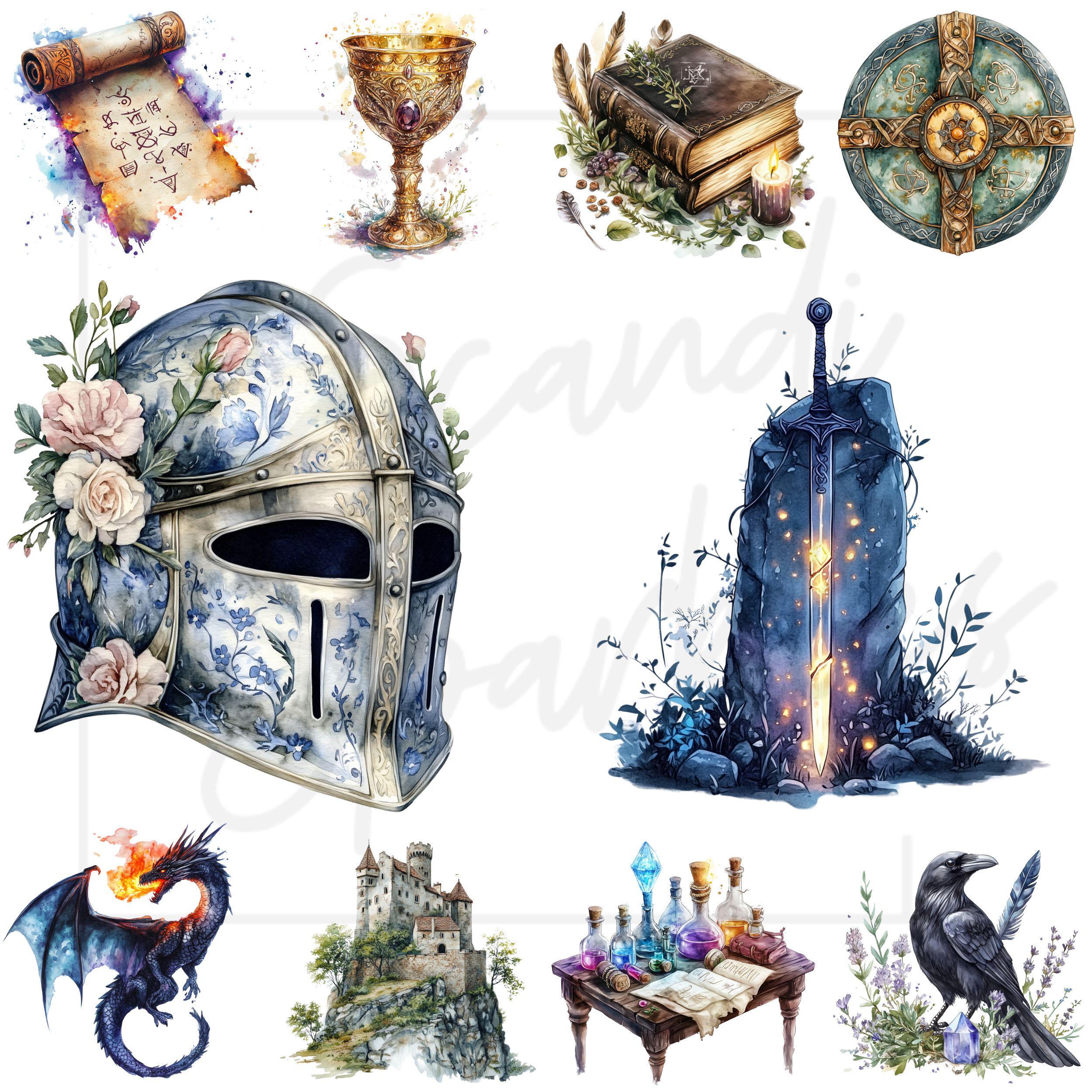 Mythical Medieval Watercolor Clipart Bundle | Dragons, Castles, Swords ...