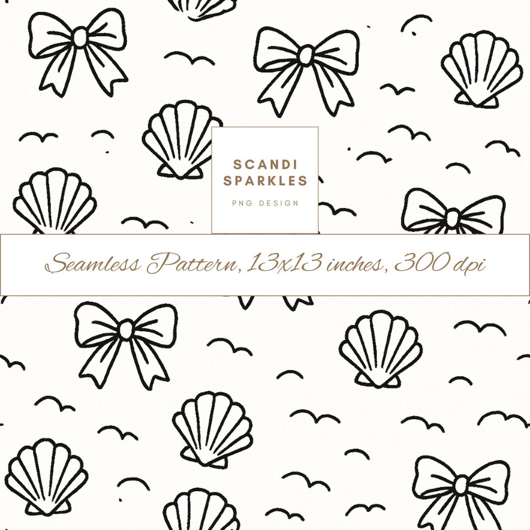 Shell and Bow Seamless Doodle Pattern JPG, Black and White Beach Line ...