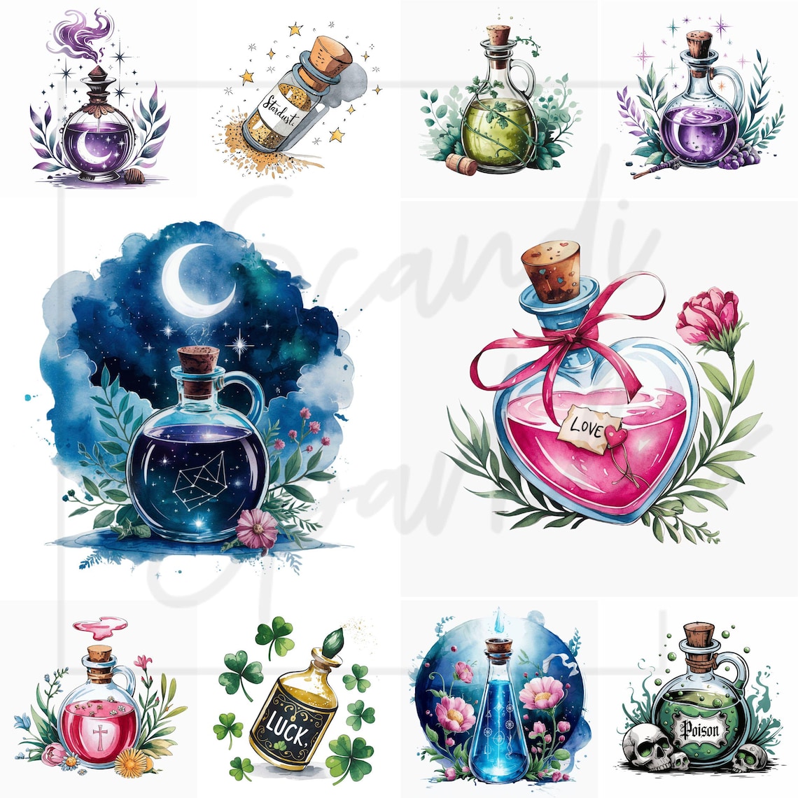 Magic Potions Watercolor Clipart Bundle | Elixirs, Healing, Love, and ...