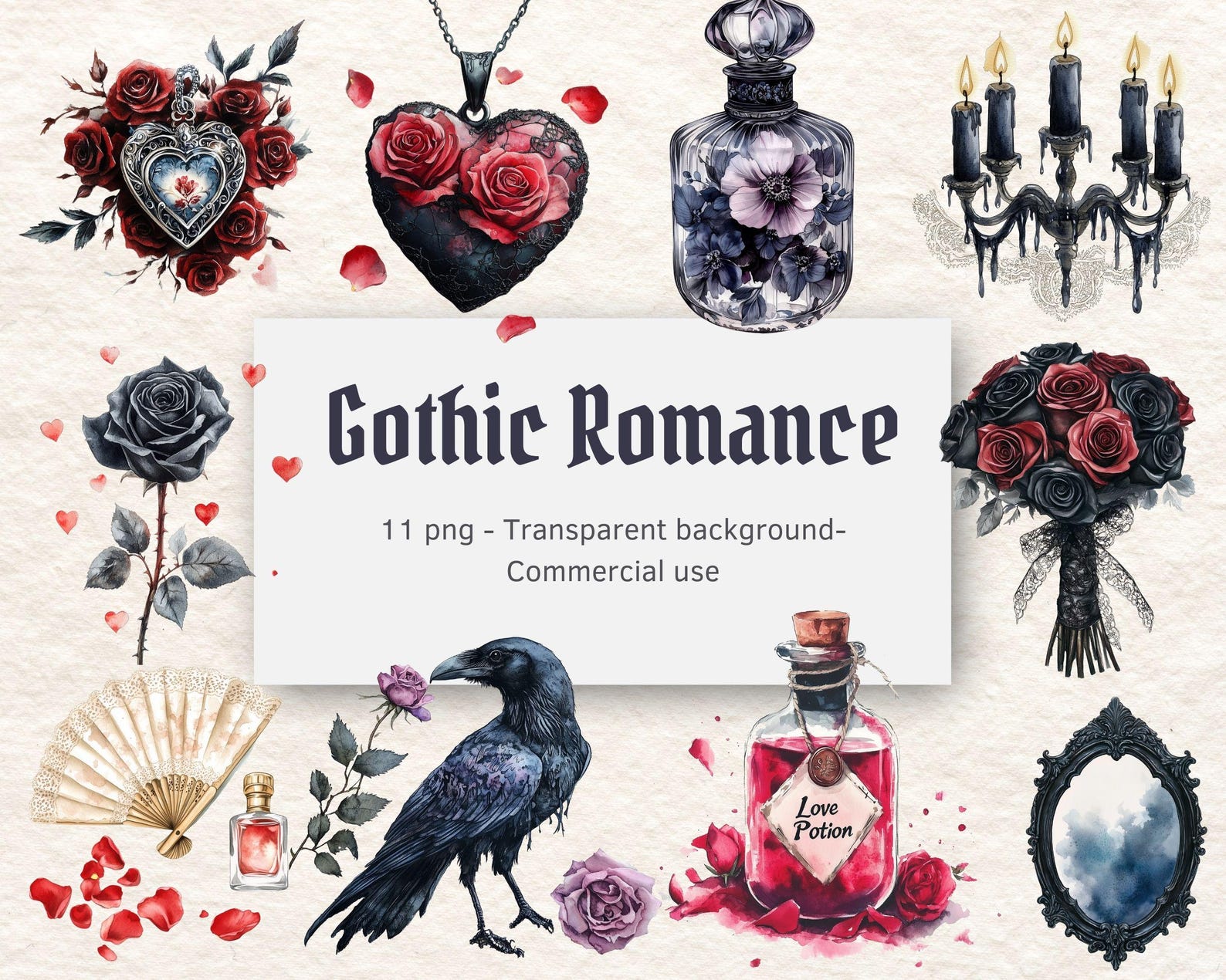 Gothic Romance Watercolor Clipart Bundle | Black Roses, Love Letters ...