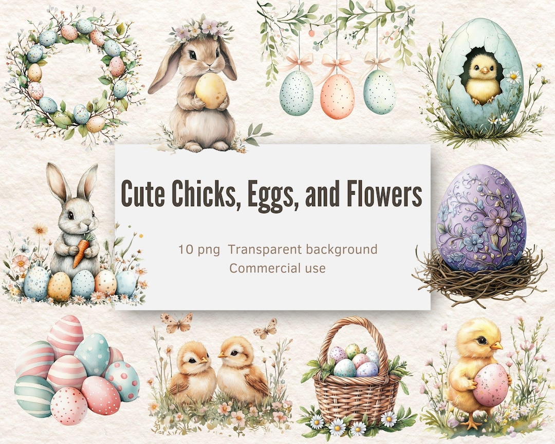 Pastel Easter Clipart Bundle - Cute Chicks, Eggs, and Flowers Pngs ...