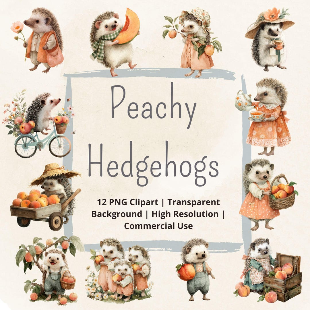 Peachy Hedgehogs Clipart Bundle PNG, Cute Hedgehog Peach Garden Animals, Cottagecore Vintage ...