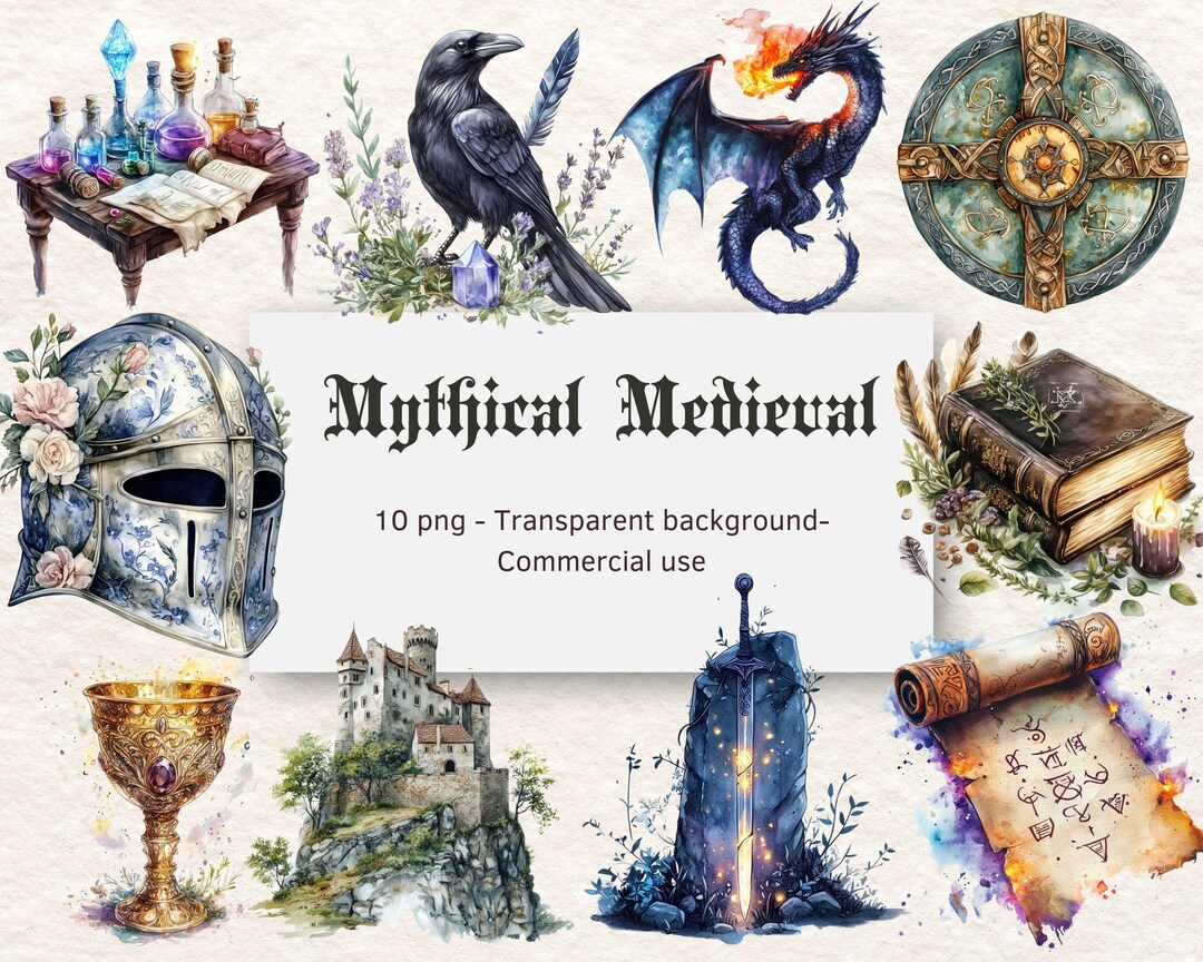 Mythical Medieval Watercolor Clipart Bundle | Dragons, Castles, Swords ...