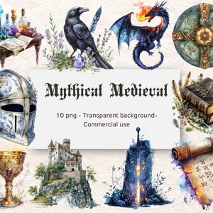 Mythical Medieval Watercolor Clipart Bundle | Dragons, Castles, Swords ...