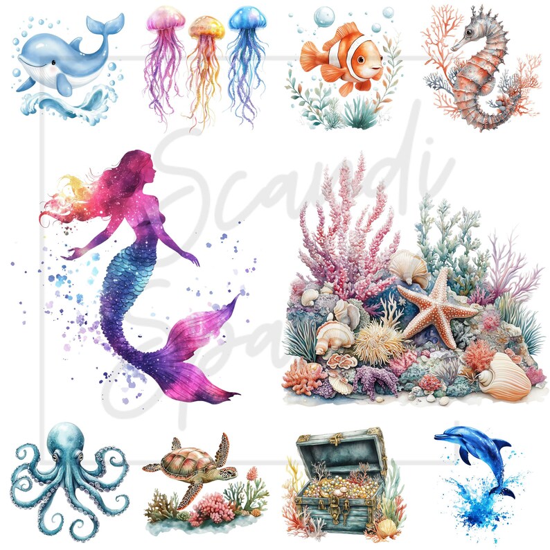 Under the Sea Watercolor Clipart Bundle | Sea Turtles, Jellyfish, Coral ...