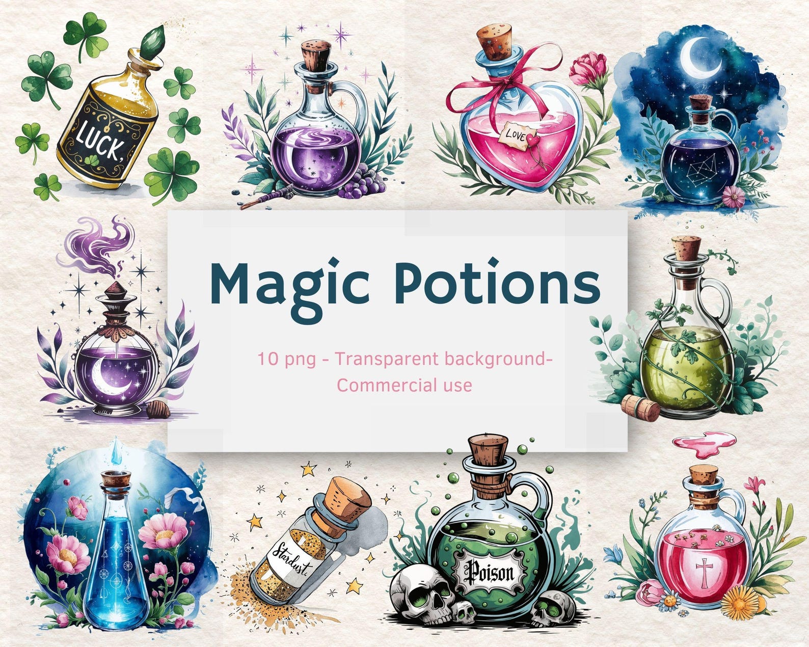 Magic Potions Watercolor Clipart Bundle | Elixirs, Healing, Love, and ...