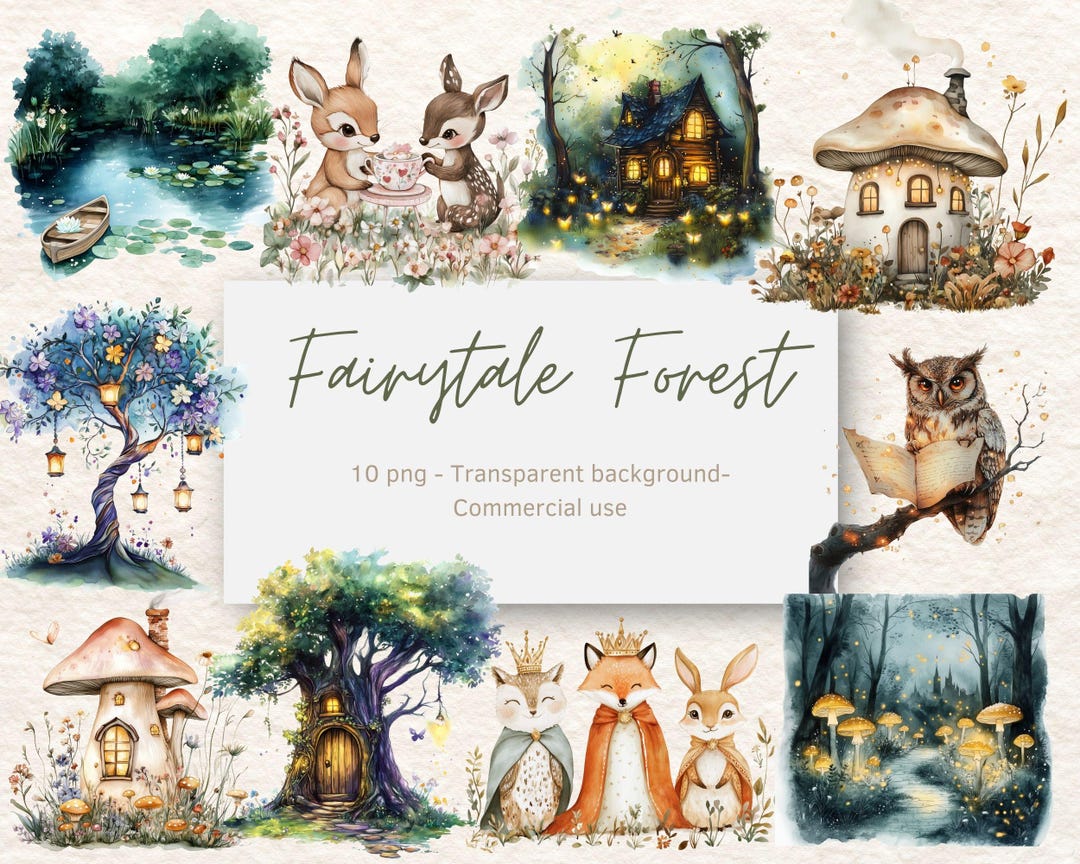 Fairytale Forest Watercolor Clipart Bundle | Enchanted Trees, Animals ...