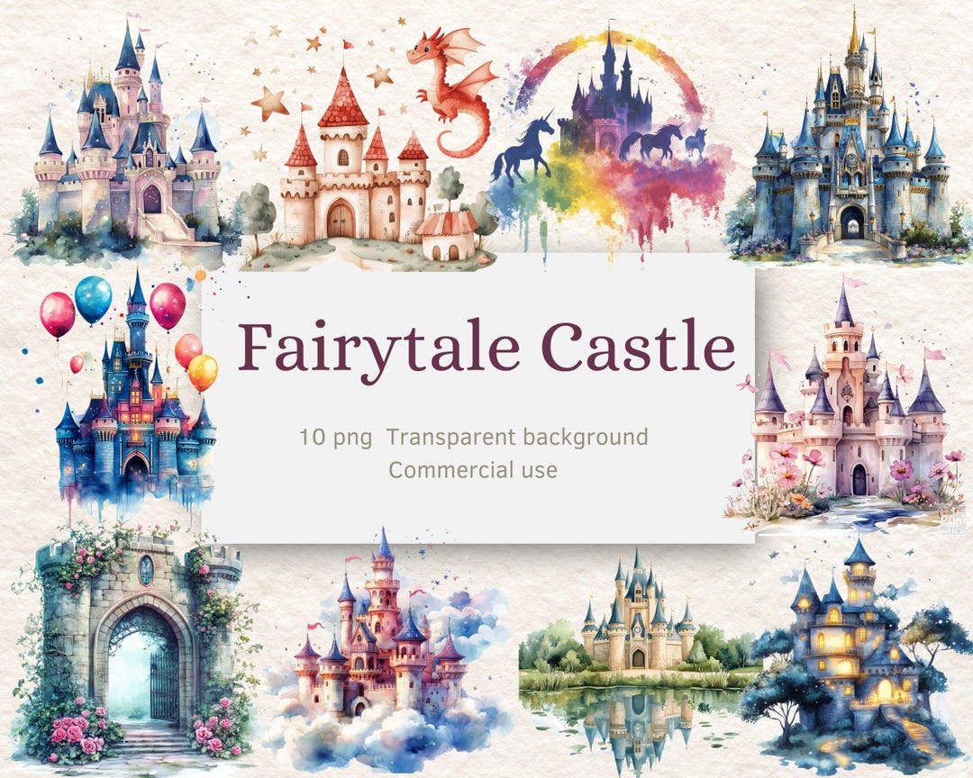 Fairytale Castle Watercolor PNG Bundle – 10 Transparent Files, Magical ...