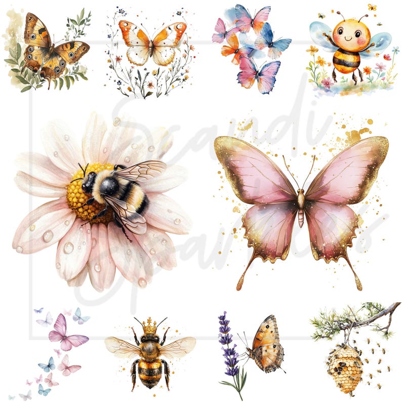 Butterflies and Bees Watercolor Clipart Bundle | Floral Garden ...