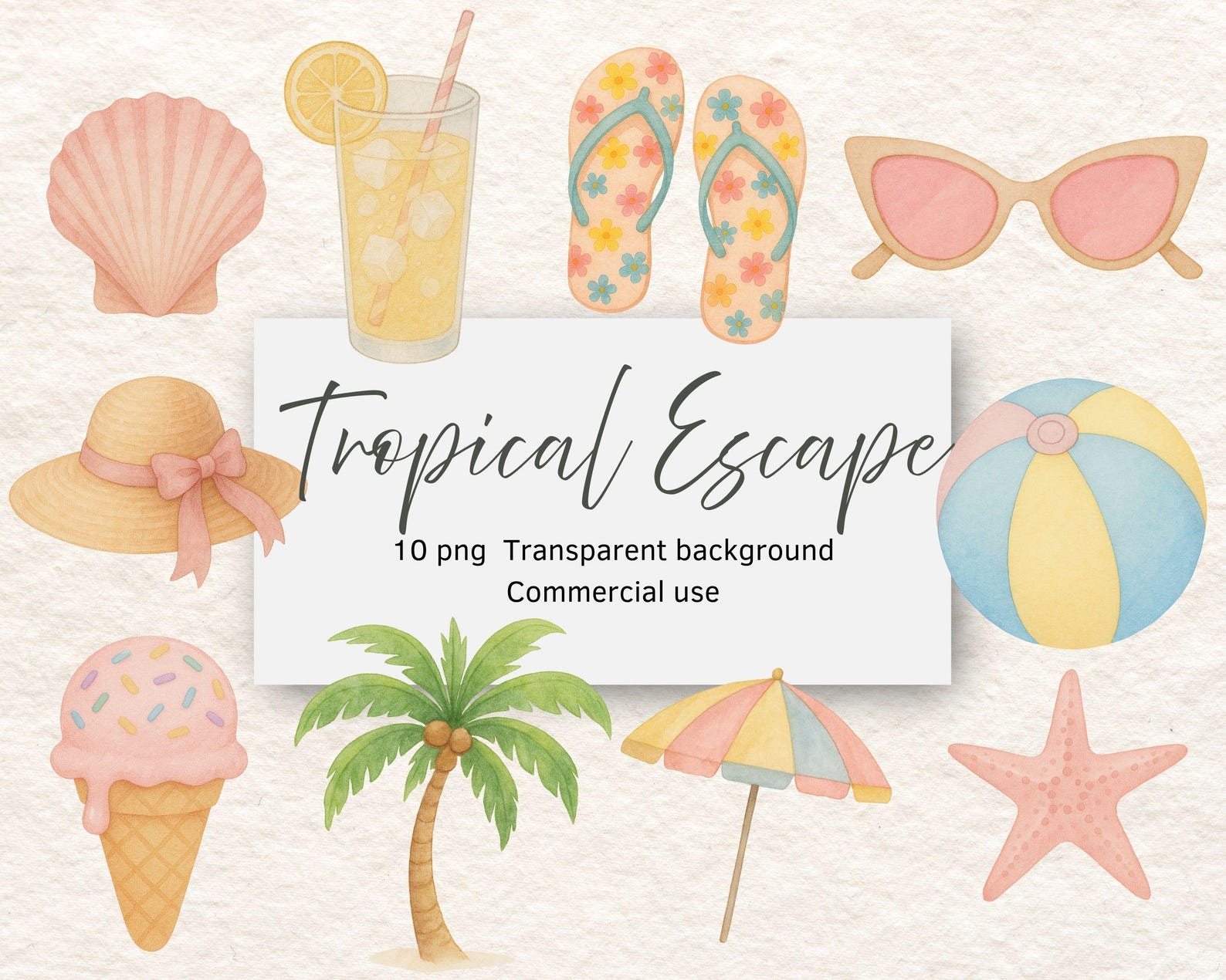 Tropical Escape Clipart Bundle, 10 Summer Vacation Pngs, Beach and ...