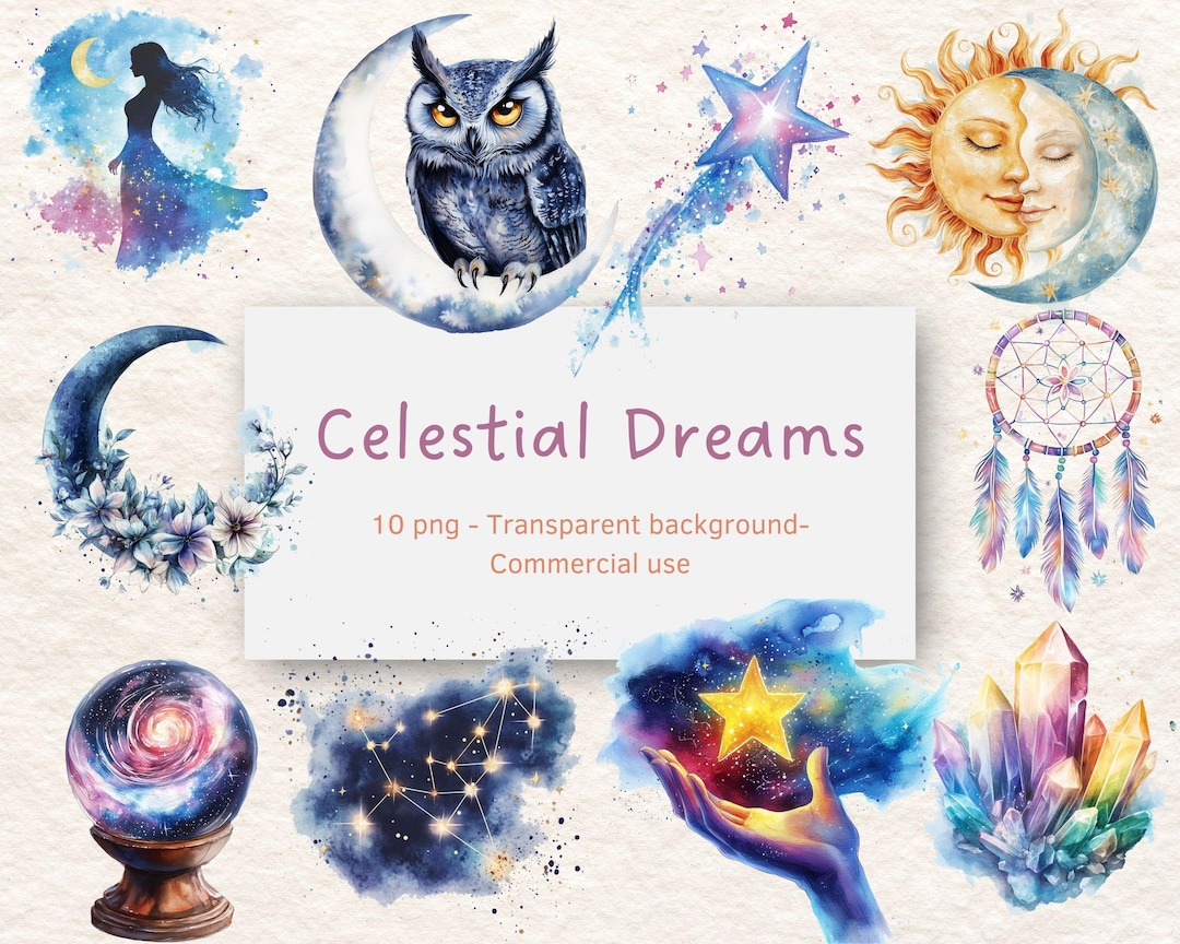 Celestial Dreams Watercolor PNG Bundle | Moon Phases, Crystals ...