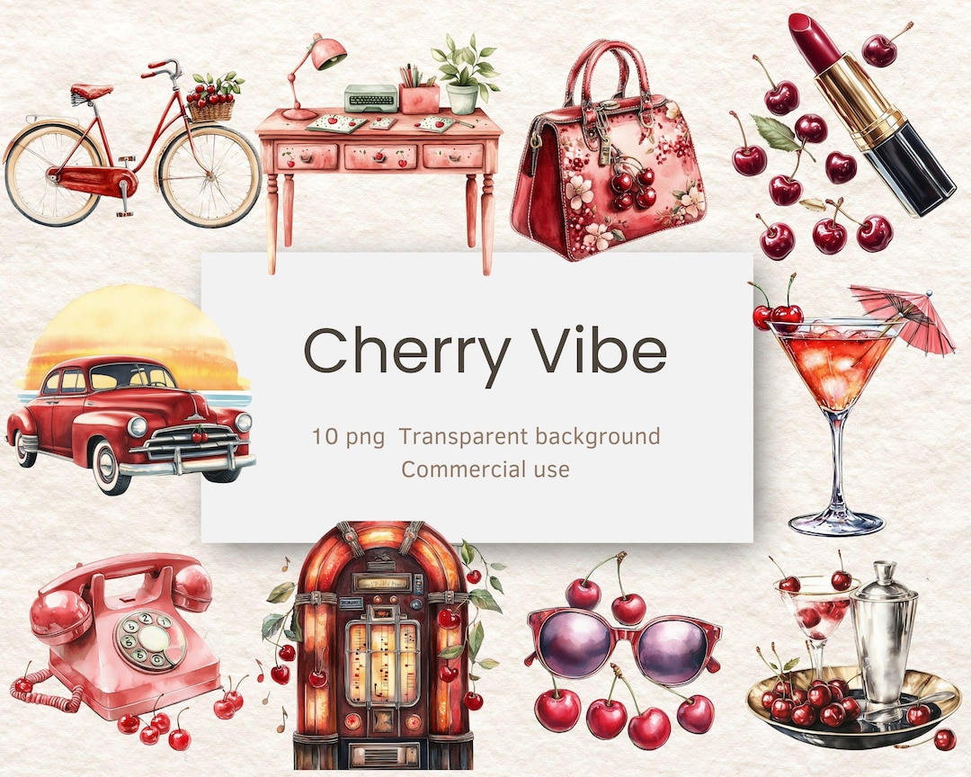 Cherry Vibe Clipart Bundle - Watercolor Retro Cherries, Dark Cherry Red ...