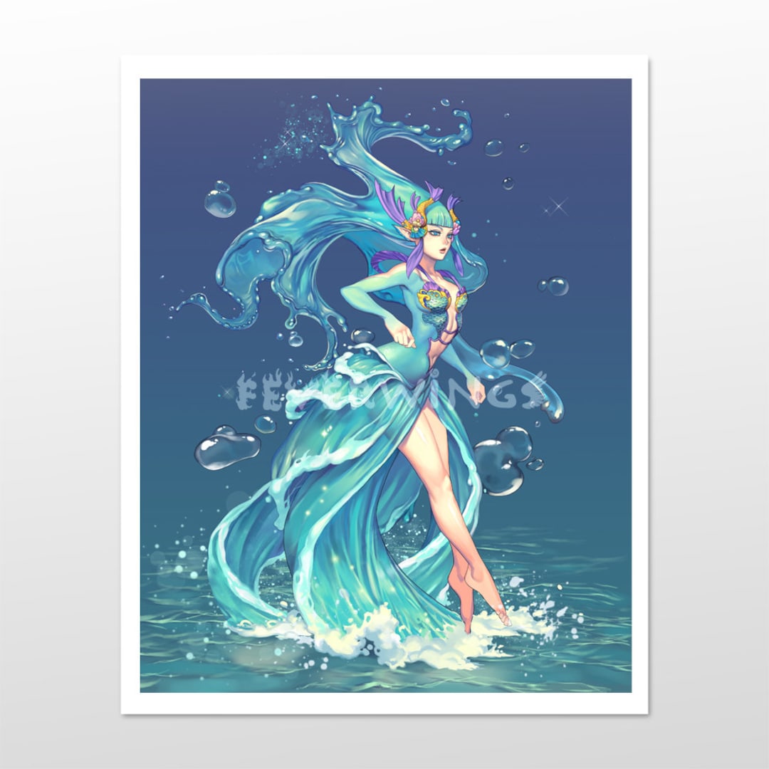8x10 Feminine Water Spirit Art Print, Anime Style Sea Nymph ...