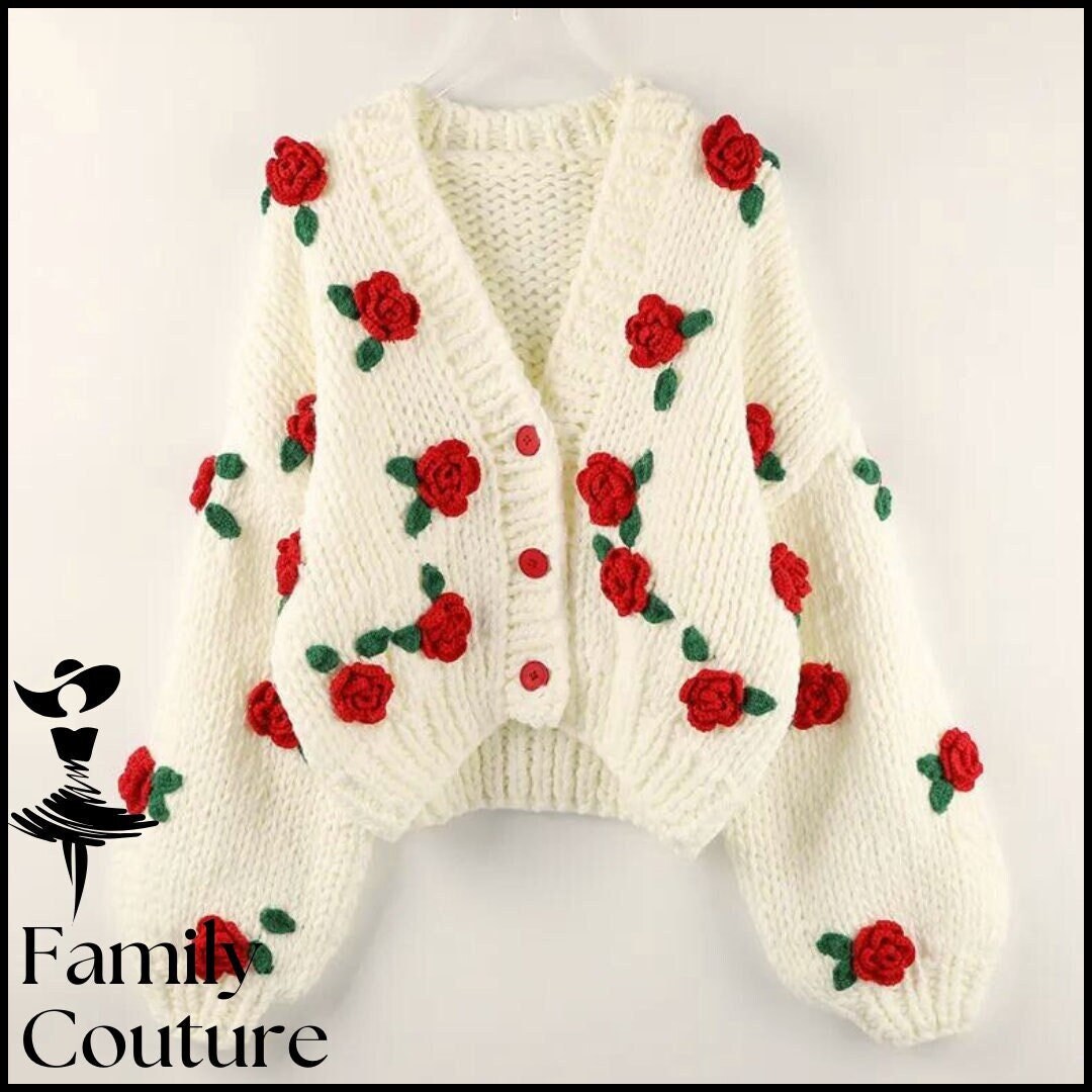 Knitted Crochet Rose Sweater Cardigan Winter Roses Christmas - Etsy