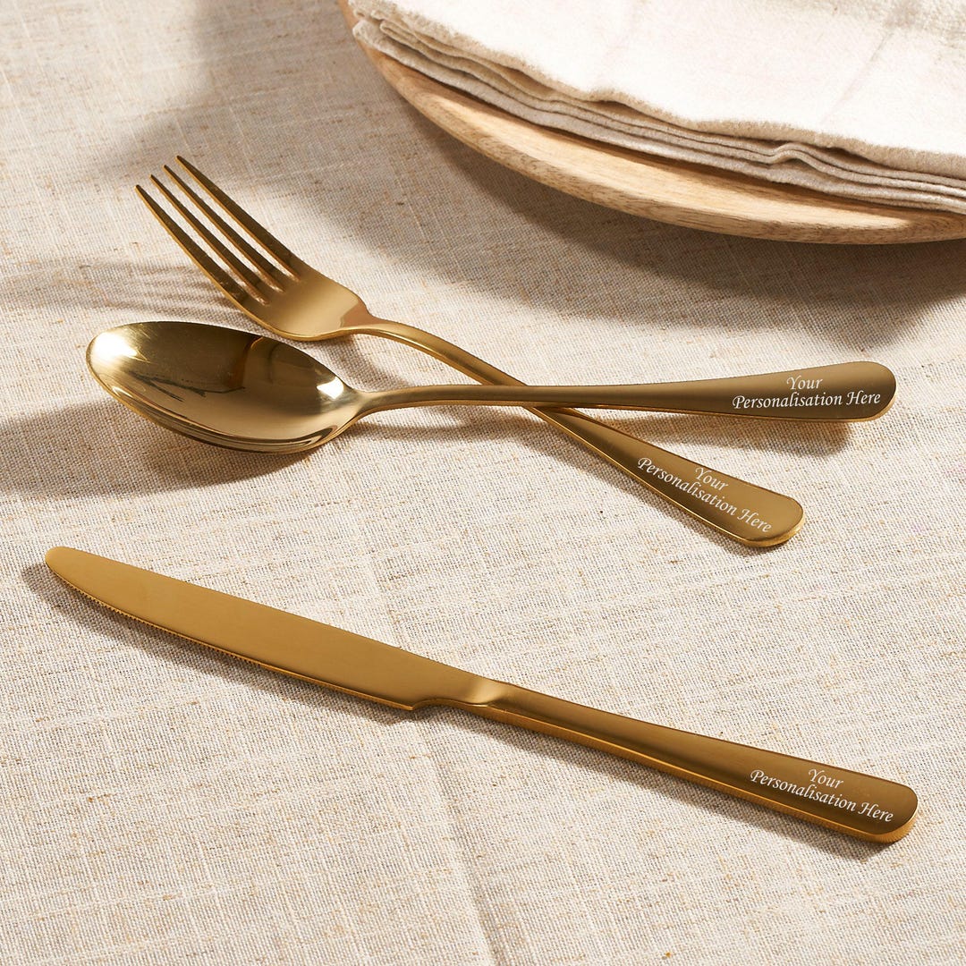 Personalised Gold Cutlery Set - Engraved 3-piece Flatware Gift ...