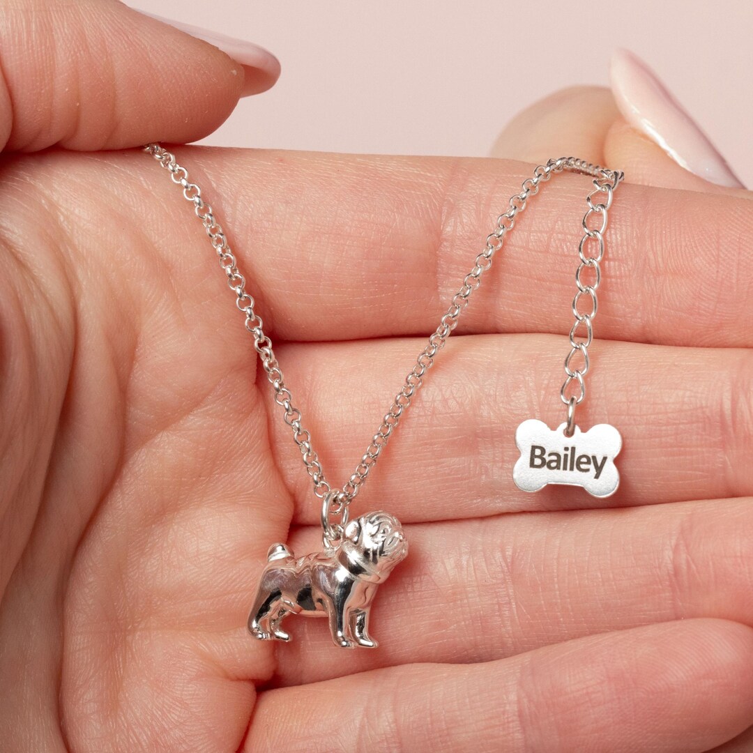 Personalised Pug Silver Necklace - Custom Engraved Sterling Silver ...