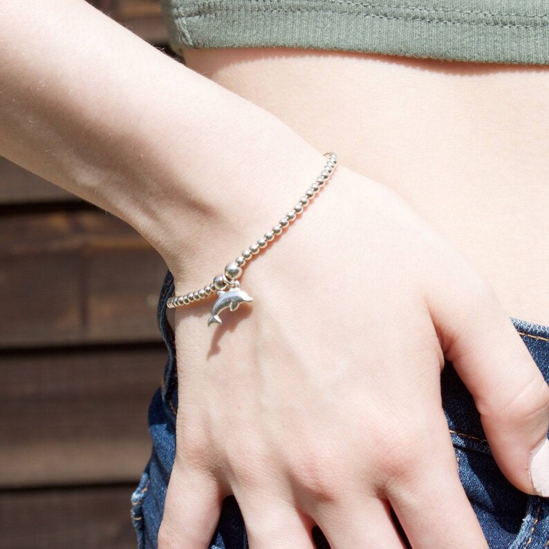Dolphin Bracelet - Sterling Silver - Elasticated Ball Bead Bracelet ...