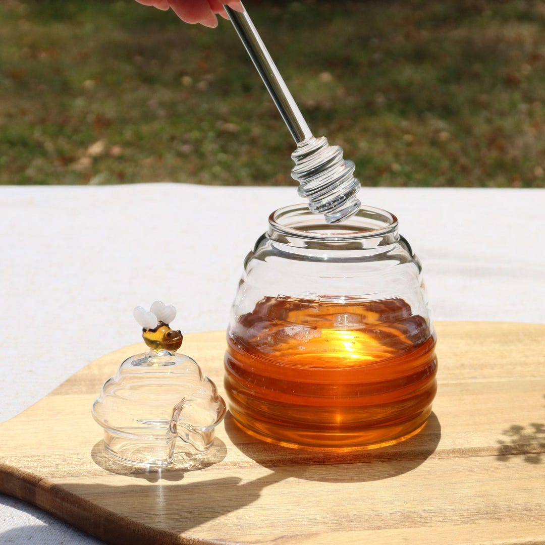 Glass Honey Jar With Bee Lid & Dipper – Beehive Shape - Borosilicate ...
