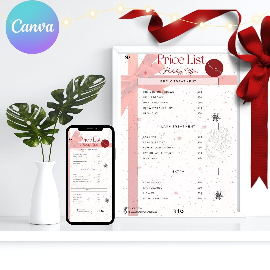 Christmas Price List Template Editable, Spa and Salon Price List ...